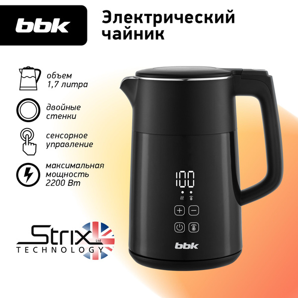 Чайник электрический с терморегулятором и подогревом BBK EK1705, черный, объем 1,7 л, мощность ...