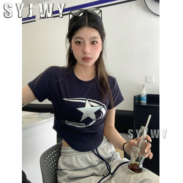 Футболка Женский SYJWY ярко-синий Короткий, размер 38 Полиэфирное волокно Повседневный Китай ...
