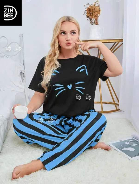 Домашний комплект Женский ZinBee Хлопок, Лавсан, размер 56 синий Короткий Китай дородовая модель ...
