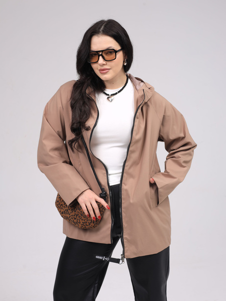 Ветровка Женский Jyldyz кофейный капюшон Плащевка, размер 52 Длинный Демисезон оверсайз ...