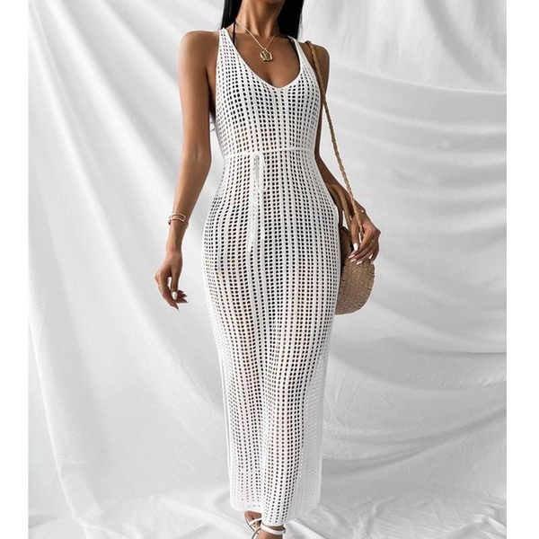 Платье пляжное Женский KK Fashion белый вязаное Пляжный Без рукавов ...