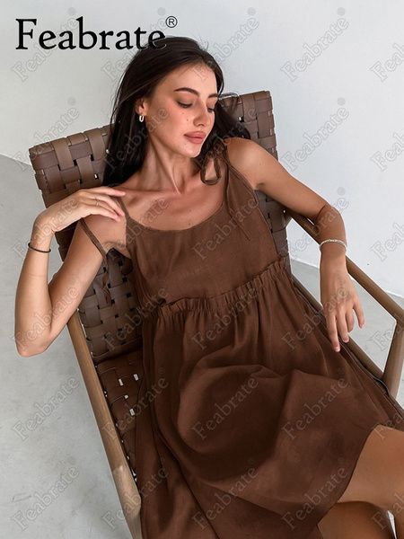 Сарафан Женский Feabrate коричневый Повседневный Без рукавов Хлопок, Лён, размер 44 Без застежки ...