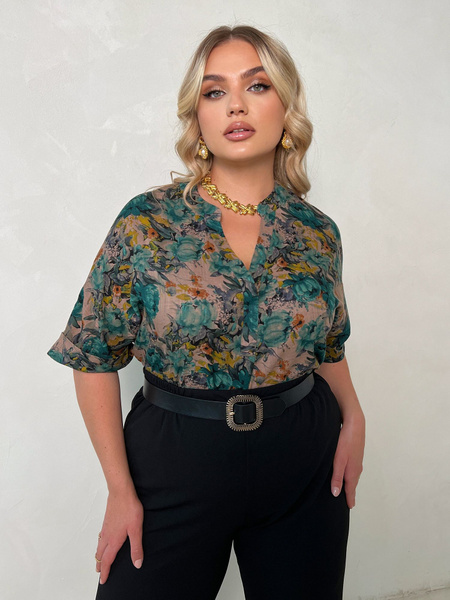 Блузка Женский HELLO MODA! бежевый, изумрудный Хлопок Короткий Цветочный, размер 60, 62 А-силуэт ...