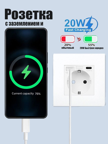 Розетка с USB (Type A + Type C) , с заземлением, 5B 3100 mА, 1 поста, закаленного стекла, 20w ...