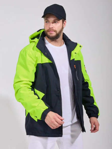 Ветровка Мужской KINGSO MENS Карманы зеленый неон, черно-синий капюшон Полиэстер, размер 48 ...