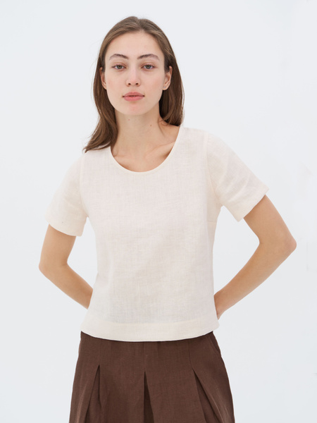 Блузка Женский TRANGO слоновая кость Лён Короткий Однотонный, размер 42 свободный Без застежки ...