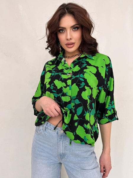 Блузка Женский HELLO MODA! черный, салатовый Полиэстер Три четверти Цветочный, размер 48 Шнурок ...