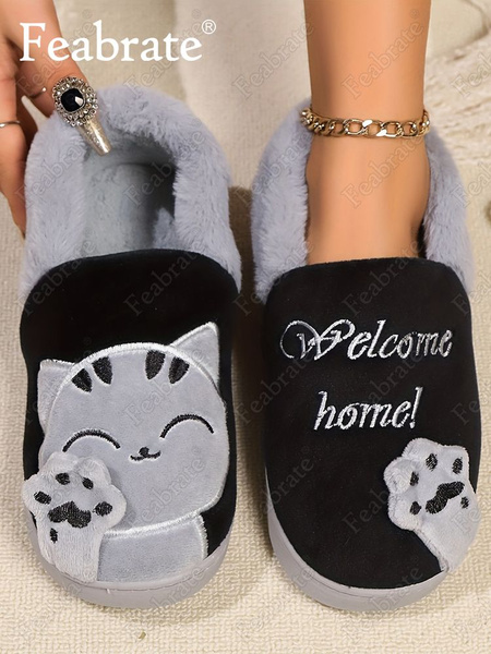 Тапочки Женский Feabrate, размер 38, 39 R (средняя) черный Круглый нос, Толстая подошва Зима ...