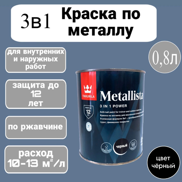 Tikkurila Metallista 3в1 краска по ржавчине 0,8л чёрный купить на OZON ...