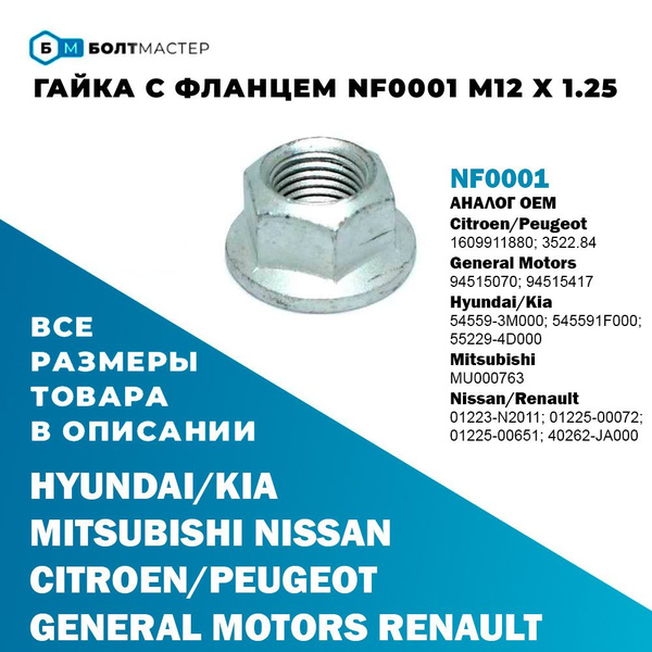 Гайка крепежная автомобильная М12 х 1,25, 1 шт. купить по выгодной цене ...