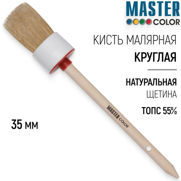 Кисть малярная 35 мм круглая, натуральная щетина + 55% топс, деревянная ...