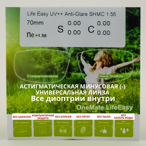 Линзы для очков, сфера -6.00 , цил -2.75 универсальные, защита от ...