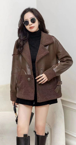 Пальто Женский H&M Карманы коричневый лацканы Экокожа Длинный Шерсть ...