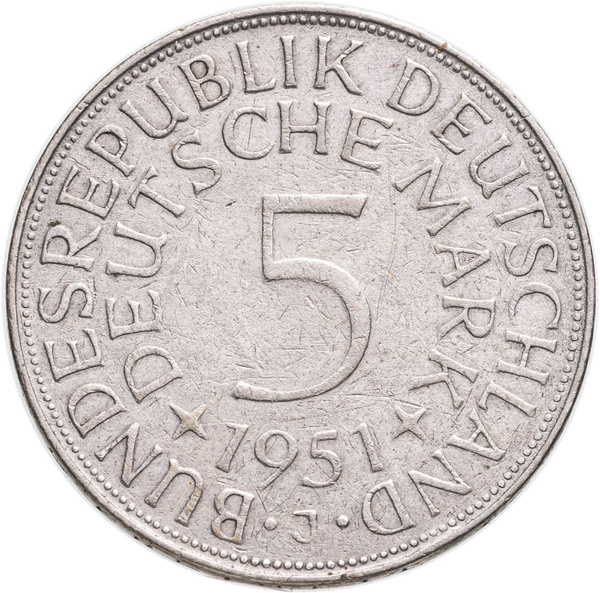 Монета Германия 5 марок deutsche mark 1951 Jзнак монетного двора: J ...