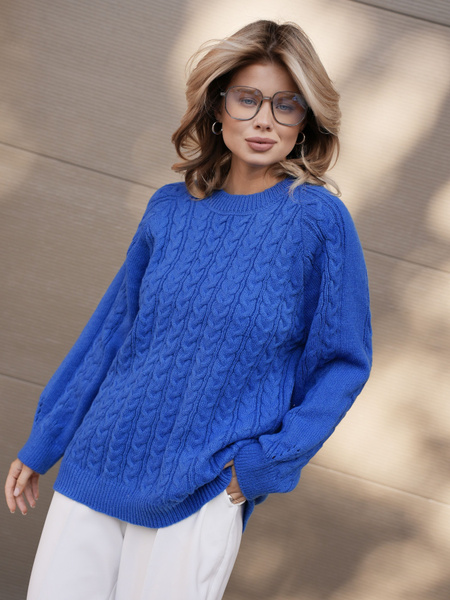 Свитер Женский Noare синий Полиэстер, размер 48 Без застежки свободный Длинный Однотонный Россия ...