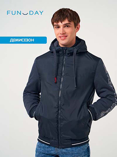 Куртка Мужской FUNDAY Капюшон, Карманы черно-синий Текстиль, размер 52, 54 Длинный Демисезон ...