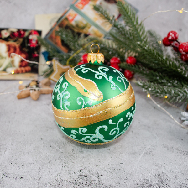 Стеклянная елочная игрушка шар символ года "Золотая змея" 8,5 см ...