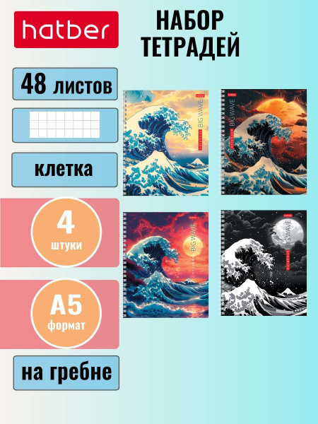 Набор тетрадей Hatber 48 листов, формата А5, в клетку, на гребне, 65 г/кв. м, 4 штуки/4 дизайна ...