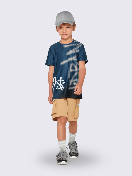 Футболка Мальчики OLDOS темно-синий, синий Короткий, размер 116 Надписи свободный Повседневный ...