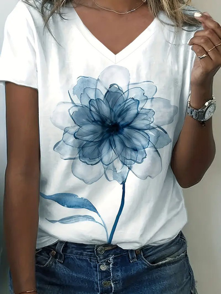 Футболка Женский синий меланж Короткий размер 58 Политекс Цветочный оверсайз Повседневный Китай