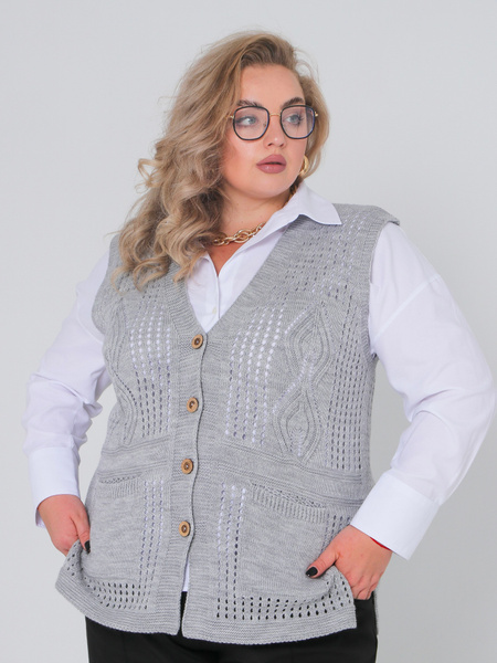 Жилет Женский SAFI&AMI Collection серый меланж, бело-серый Трикотаж, размер 60 прямой ...