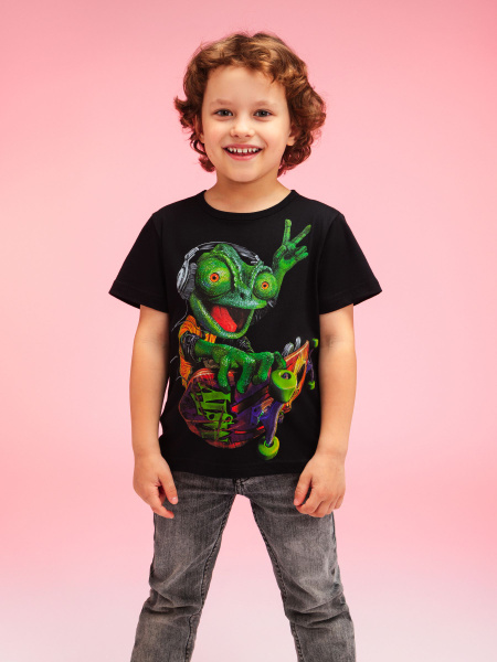 Футболка Мальчики KyKy wear черный Короткий, размер 164, 170 Хлопок Анималистический прямой ...