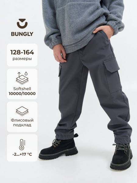 Брюки утепленные Мальчики BUNGLY карго серый графит Softshell Повседневный, размер 128 Резинка ...