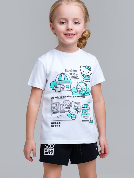 Футболка Девочки PlayToday белый, голубой Короткий, размер 104 Трикотаж Надписи Повседневный ...