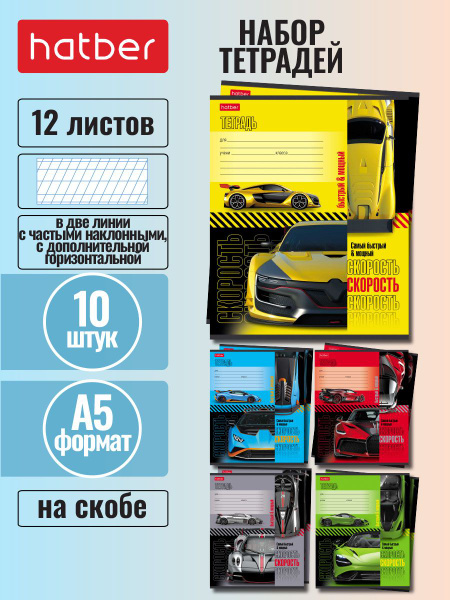 Набор тетрадей 10 штук/5 дизайнов Hatber 12 листов, в двойную линейку с частыми наклонными и ...
