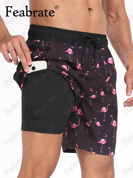 Шорты Мужской Feabrate Пляжный черный, размер 46 Полиэстер Эластичная приталенный Цветочный ...