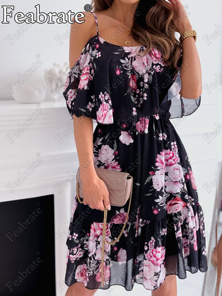 Платье Женский Feabrate черный с открытыми плечами Повседневный Без рукавов Полиэфирное волокно ...