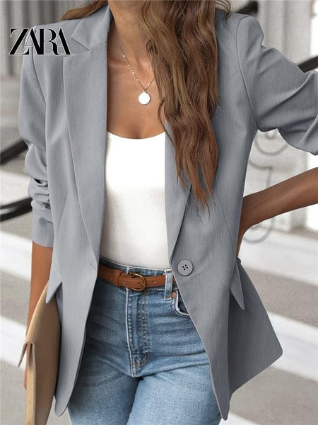 Пиджак Женский Zara серый, размер 48 Хлопок Карманы облегающий Длинный однобортный Повседневный ...