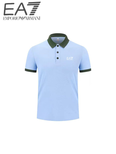 Поло Мужской EA7 голубой Короткий, размер 44, 46 Полиэстер FR Однотонный облегающий Повседневный ...