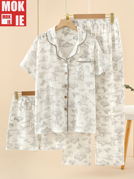 Пижама Женский Mokie с брюками Муслин, Хлопок, размер 50 Пейзаж серый меланж, бело-серый Длинный ...