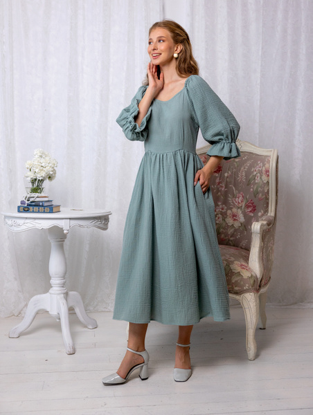 Платье Женский Cher-Neva полынь, зеленый Повседневный Средний Хлопок, размер 48 Без застежки ...