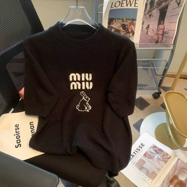 Футболка Женский Miu Miu черный Короткий размер 48 Хлопок Орнамент Логотип облегающий