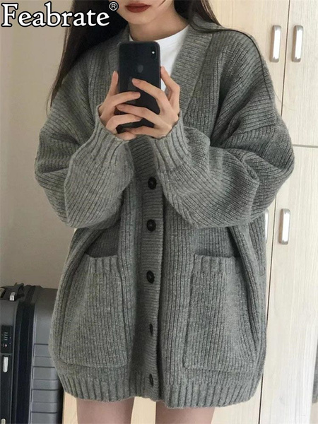 Кардиган Женский Feabrate средне-серый Софт, размер 42, 44 Вышивка свободный Длинный Цветочный ...