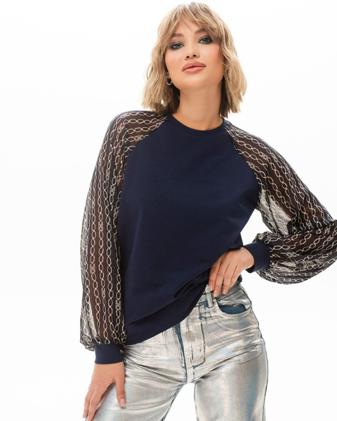 Свитшот Женский SAHAR art lab Манжеты синий, золотой Без застежки Футер двухнитка, размер 54 ...