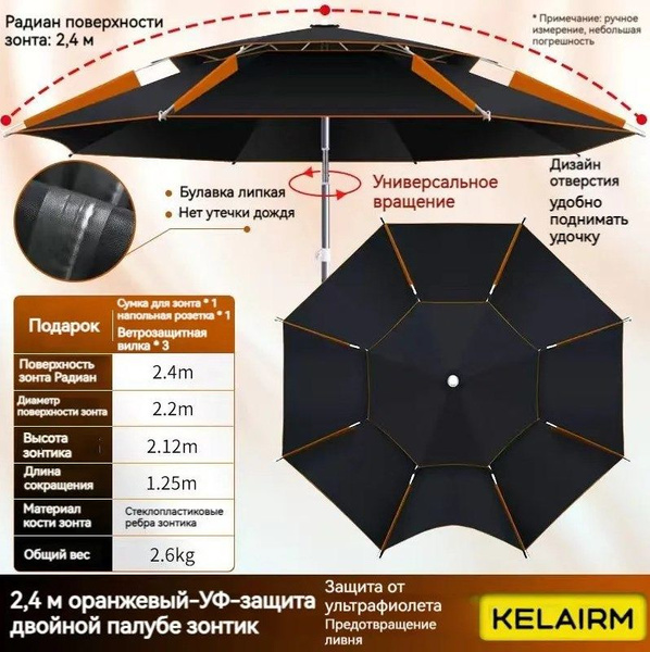 2,4-метровый зонт для рыбалки на открытом воздухе, двухслойный зонт с ...