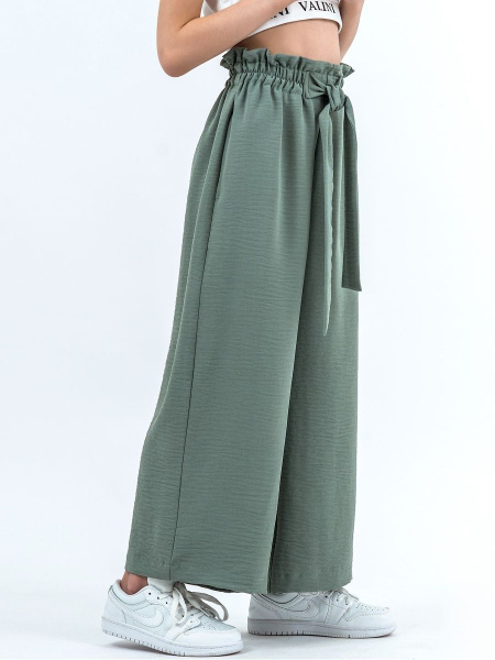 Брюки Девочки Valini палаццо, кюлоты оливковый Хлопок, Вискоза Повседневный, размер 140 Резинка ...