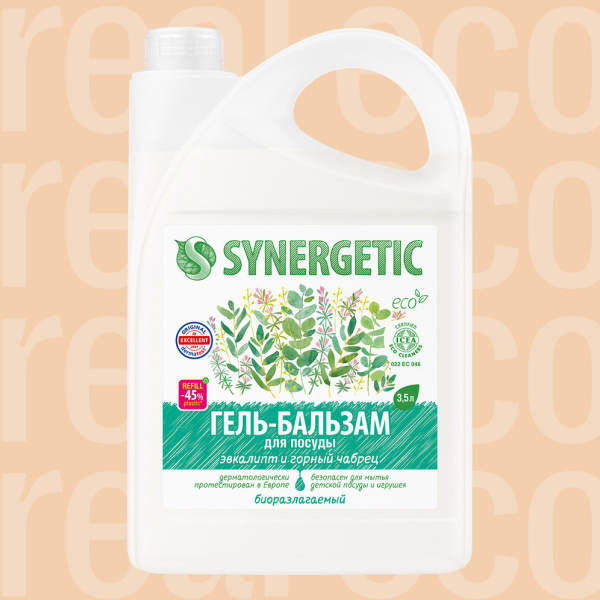 Средство для мытья посуды, гель-бальзам для посуды SYNERGETIC "Эвкалипт и горный чабрец" 3,5 ...