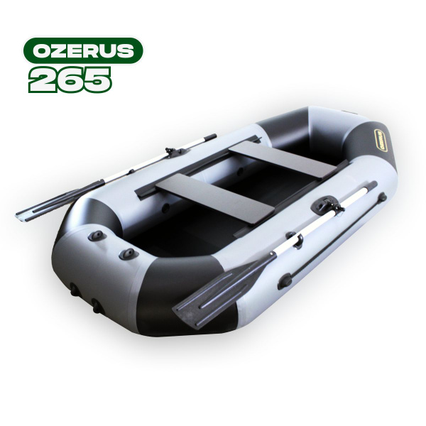 Лодка ПВХ для рыбалки гребная двухместная OZERUS 265 крепления под транец для мотора, серо ...