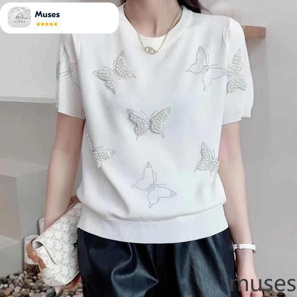 Футболка Женский белый Короткий размер 50 Полиэфирное волокно Хлопок Однотонный Орнамент