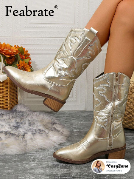 Казаки Женский Feabrate, размер 41 золотой Демисезон Толстый каблук Молния купить c доставкой на ...
