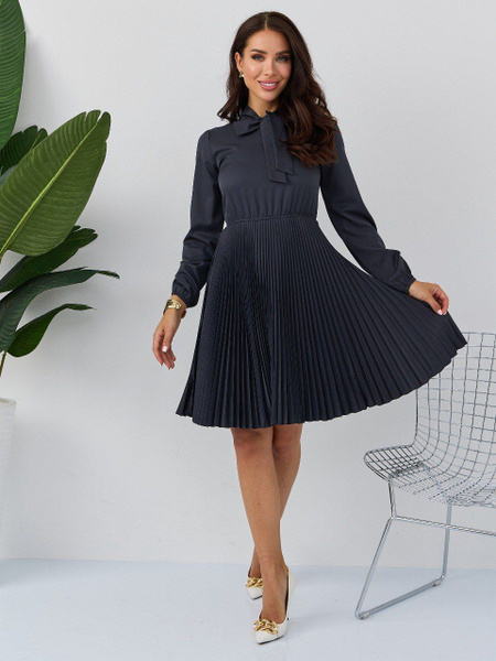 Meeloo/ Платье женское строгое плиссе короткое с длинным рукавом ...