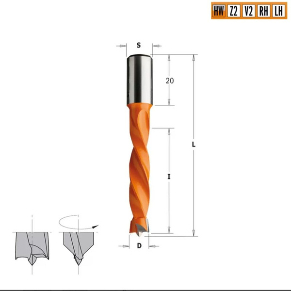 Сверло HW для присадочного станка 7,5x43x70 Z2+2 S10x20 RH CMT 309.075. ...
