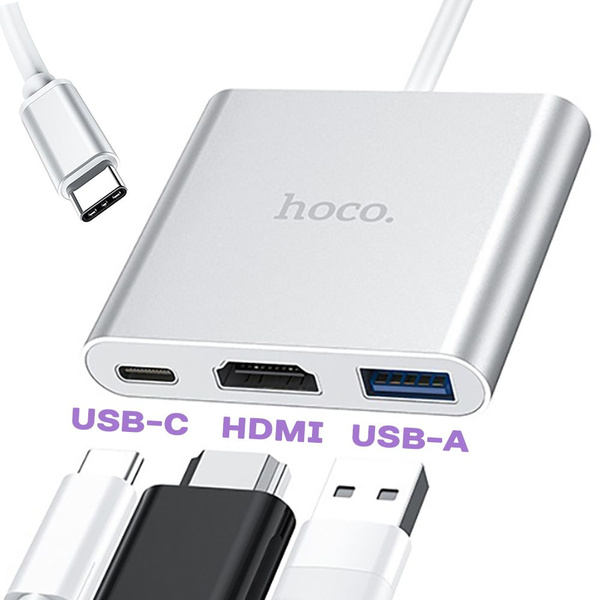 Хаб переходник Hoco HB14 Type-C to USB3.0+HDMI+USB-C PD2.0, 67W, серебро (док станция для ...