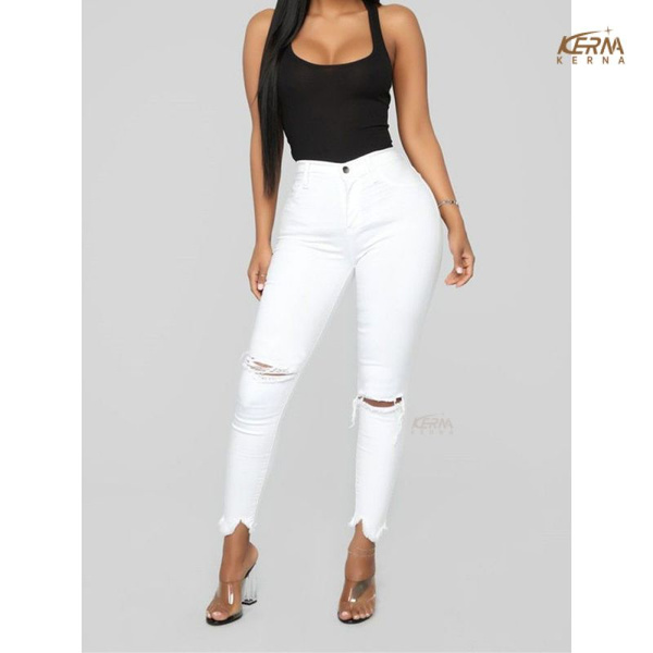 Джинсы Женский KERNA супер белый прямые Breathable, размер 44 облегающий Молния Высокая Карманы ...