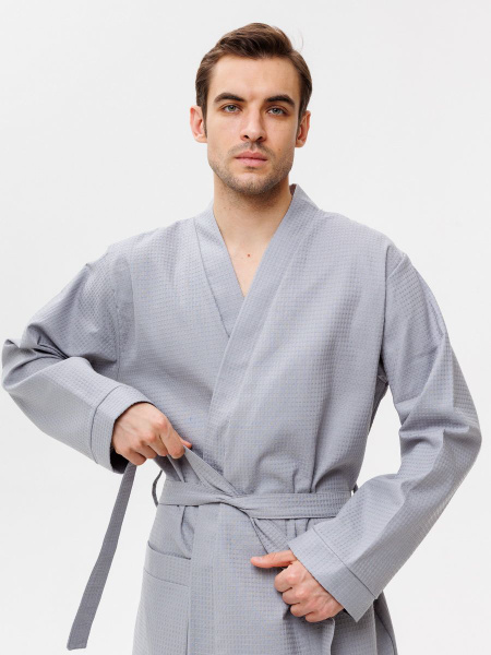 Халат Мужской РОСХАЛАТ Домашний Карманы серый Пояс Вафельное полотно ...