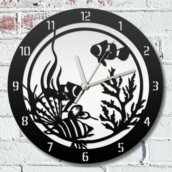 Настенные деревянные бесшумные часы животные рыба милота уют минимализм Океан Кораллы